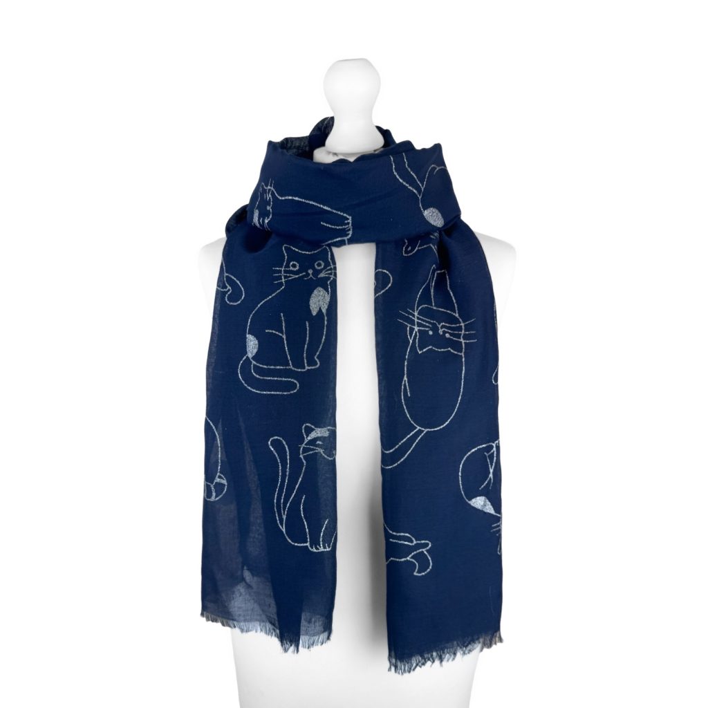 SHLP1194 Navy Illustrated Cat Print Scarf with Glitter Details (Colour ...