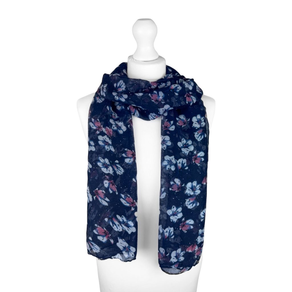 SHPS1134 Navy & Pink Flower Print Scarf with Glitter Detailing (Colour ...